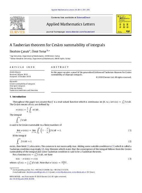 pdf a tauberian theorem for cesàro summability of integrals İbrahim Çanak