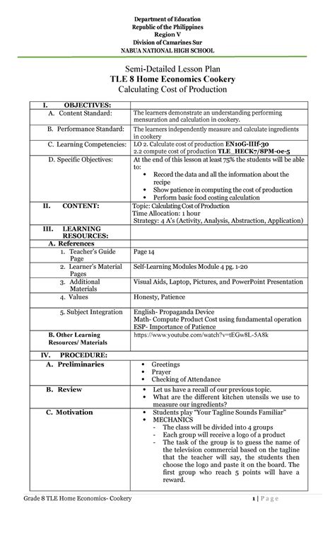 Semi Detailed Lesson Plan TLE Cookery Semi Detailed Lesson Plan TLE