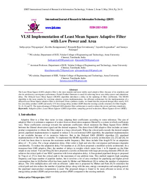 pdf vlsi implementation of least mean square adaptive filter with low power and area ijrit