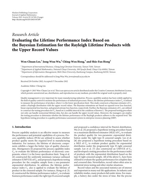pdf evaluating the lifetime performance index based on the bayesian estimation for the