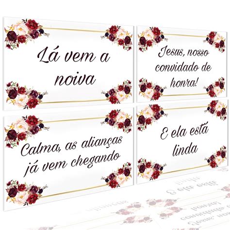Kit 4 Quadros Para Casamento Placas Entrada Lá Vem A Noiva Flores Luxo