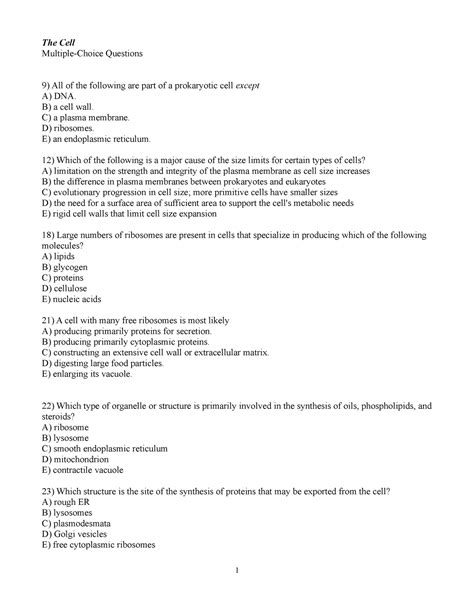 Mcq Homework Cells The Cell Multiple Choice Questions All Of