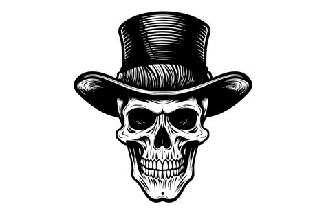 Human Skull In A Hat In Woodcut Style Vector Engraving Sketch