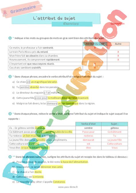 Lattribut Du Sujet Exercices De Grammaire Pour La Me Pdf Imprimer