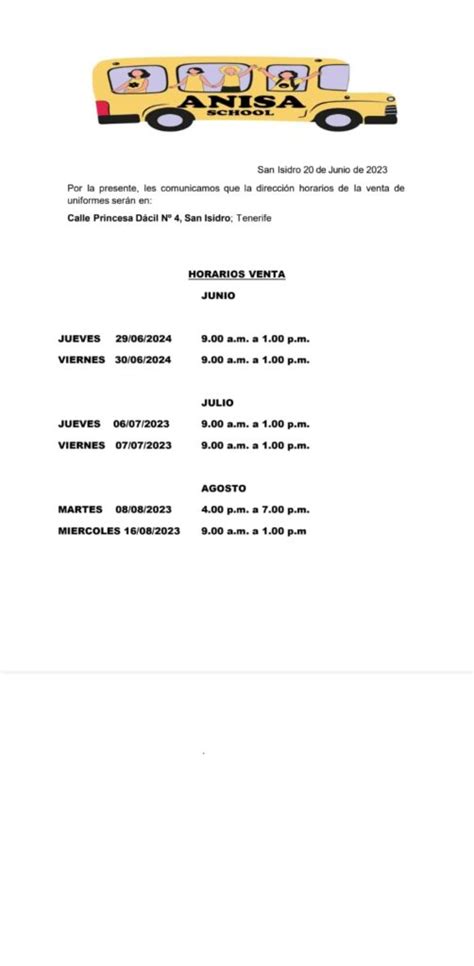 HORARIO VENTA DE UNIFORMES CEIP Montaña Pelada