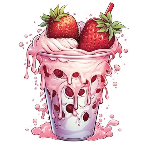 Una ilustración de dibujos animados de un batido de fresa con crema