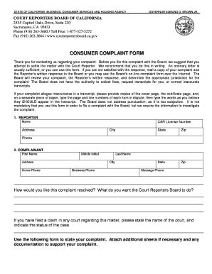 Fillable Online Courtreportersboard Ca Consumer Complaint Form Court