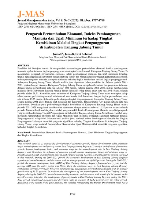 Pdf Pengaruh Pertumbuhan Ekonomi Indeks Pembangunan Manusia Dan Upah
