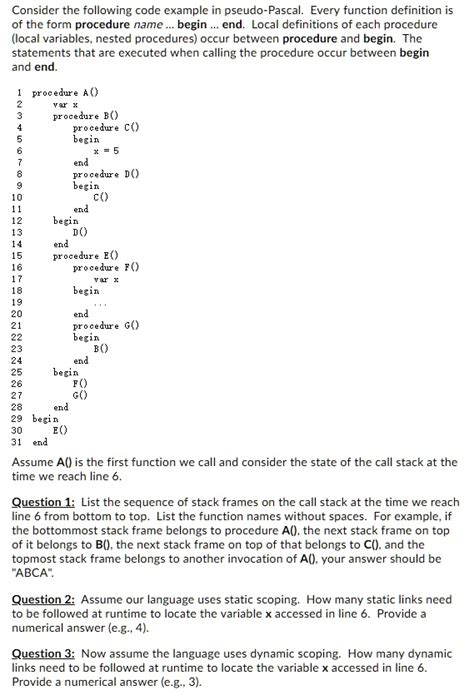 solved consider the following code example in pseudo pascal every function definition is of