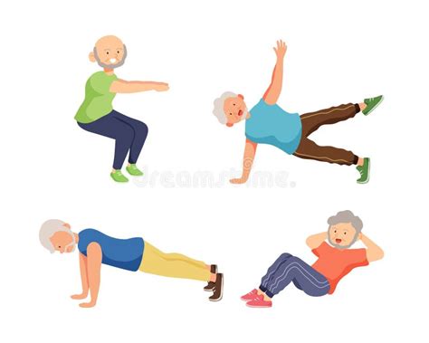 Old Aged People Doing Exercise In Cartoon Character Stock Illustration Illustration Of Mature