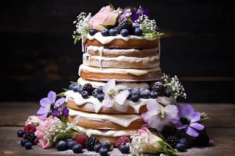 Premium Photo White Flower Adorned Rustic Naked Cake For Weddings