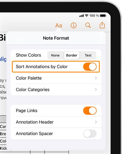 how to sort pdf annotations using color categories on ipad highlights