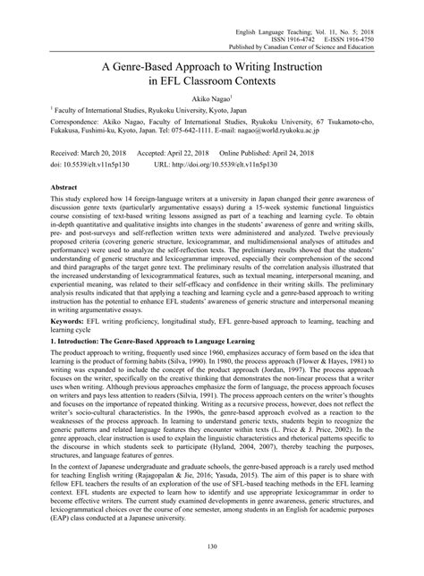 pdf a genre based approach to writing instruction in efl classroom contexts