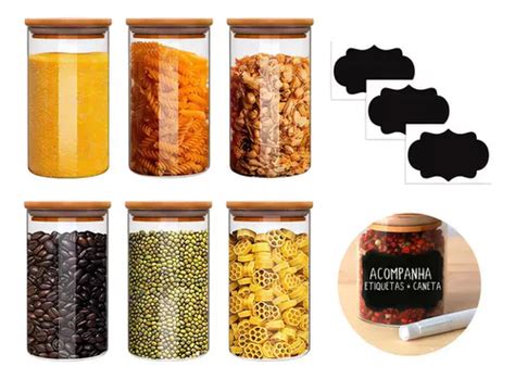 Kit De Potes Herm Ticos Vidro Tampa Bambu Ml U Unica Un Mercadolibre