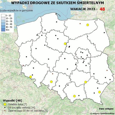 Mapa wypadków drogowych ze skutkiem śmiertelnym Wakacje 2023