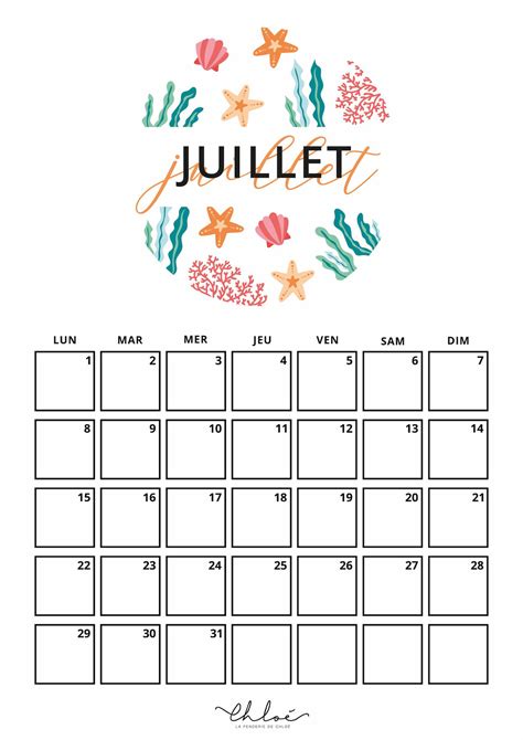 Calendrier Juillet Kit à imprimer Blog lifestyle La Penderie de