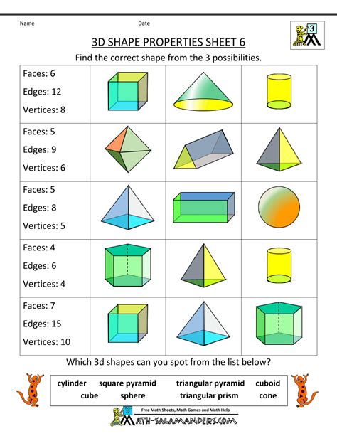 3d Shapes Worksheet Vertices Edges Faces