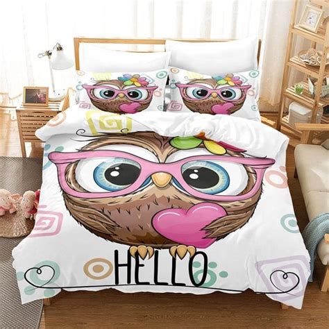 3D Housse De Couette Chouette De Dessin Animé Microfibre Ensemble De