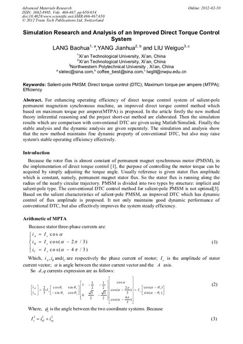 simulation research and analysis of an improved direct torque control system scientific