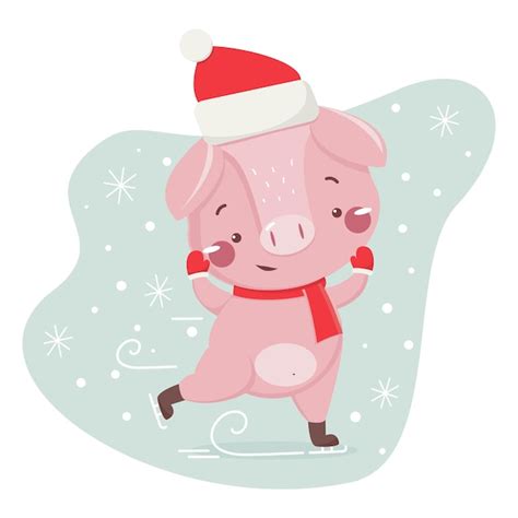 Kartkę Z życzeniami Szczęśliwego Nowego Roku Z Cute świni Na łyżwach