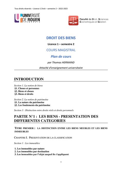 CM Droit Des Biens Plan De Cours DROIT DES BIENS Licence 1