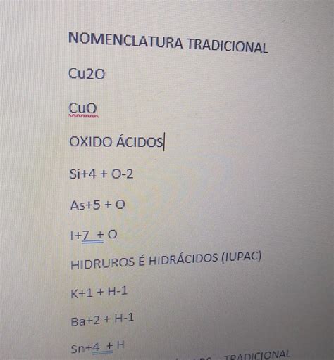Nomenclatura Tradicional Cu Cuo Ws Oxido Cidos As I