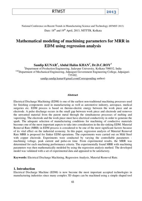 pdf mathematical modeling of machining parameters for mrr in edm using regression analysis