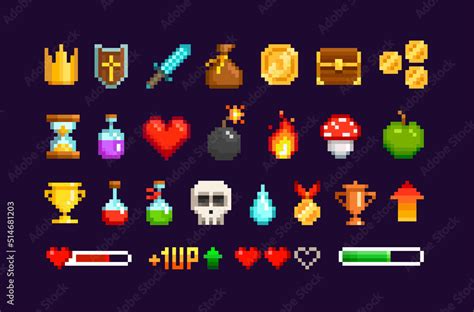 Vecteur Stock Vector Pixel Art Retro Game Icons Set Of Bit Style
