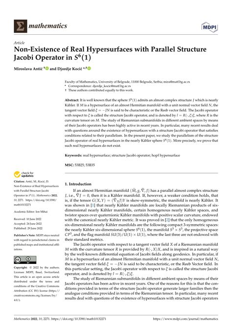pdf non existence of real hypersurfaces with parallel structure jacobi operator in s6 1