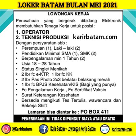 Lowongan Kerja Operator Dan Teknisi Produksi Lowongan Kerja Batam 2022