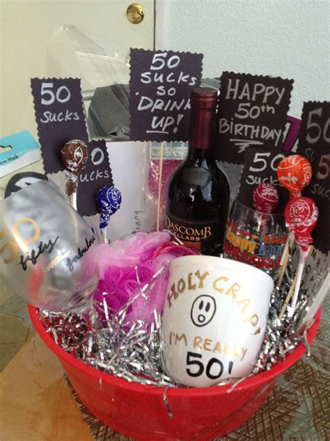 50th Birthday Gift Basket With Personalized Wine Glass And Mug Items