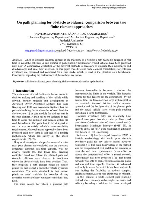 pdf on path planning for obstacle avoidance comparison between two finite element approaches
