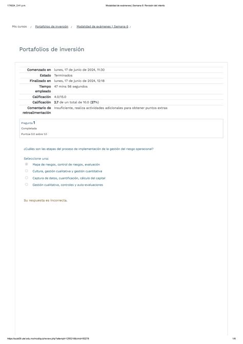 Modalidad de exámenes Semana 6 Revisión del intento Portafolios de