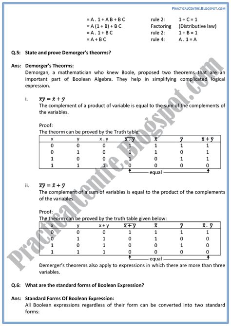 boolean algebra descriptive questions answers computer 9th practical centre