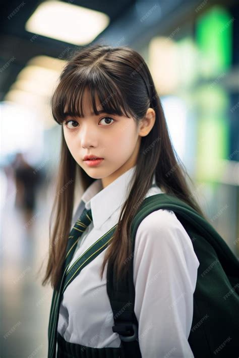 Cute Japanese Schoolgirl In Uniform Downtown Waiting At A Bus Station Premium Ai Generated Image