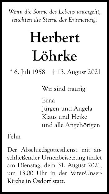 Traueranzeigen von Herbert Löhrke trauer anzeigen de