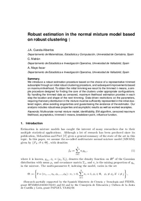pdf robust estimation in the normal mixture model based on robust clustering a iscar and