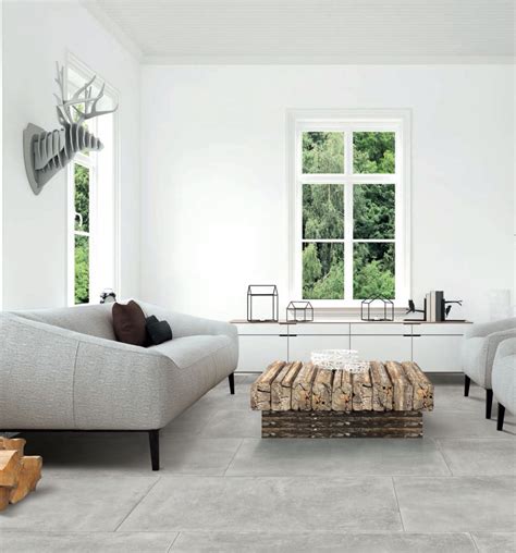 Contemporary White And Grey Living Room With Grey Rectangle Tile Tile