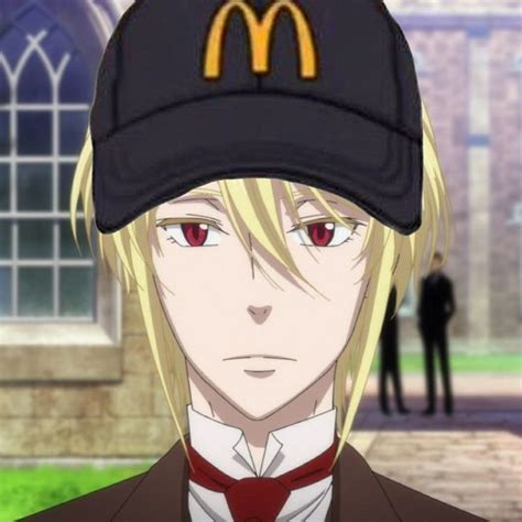 An Anime Character Wearing A Mcdonald Hat With Red Eyes In Front Of A