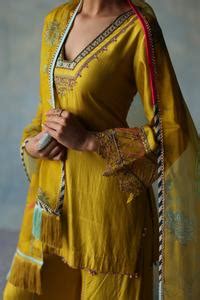 Buy Rajiramniq Yellow Silk Placement Sequin Embroidered Kurta Set