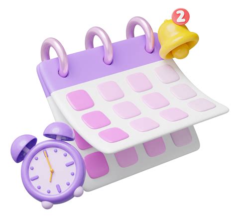 3D Calendar Reminder Icon Purple Calender With Empty Date Bell Clock
