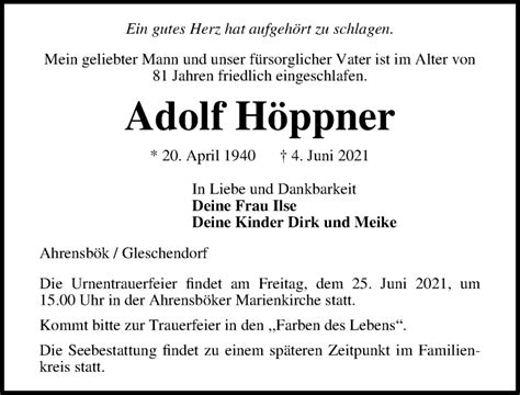 Traueranzeigen von Adolf Höppner trauer anzeigen de