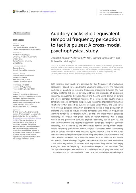 pdf auditory clicks elicit equivalent temporal frequency perception to tactile pulses a cross
