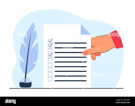 Quill And Huge Human Hand Holding Sheet Of Paper With Checklist Stock