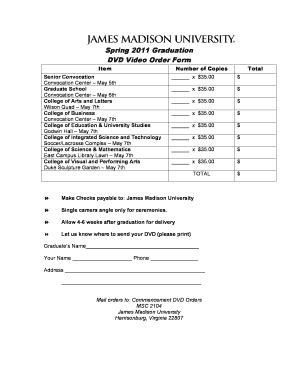 Fillable Online Jmu Spring 2011 Graduation DVD Video Order Form James