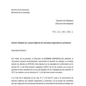 ᐅ Modelo Carta Despido OBJETIVO Causas ORGANIZATIVAS y PRODUCTIVAS