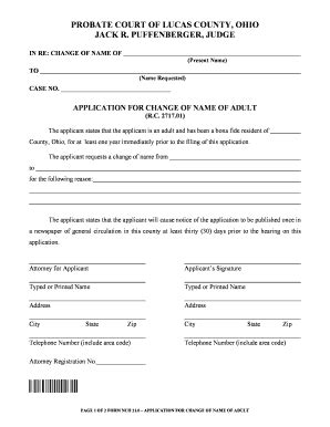 Fillable Online Lucas Co Probate Ct APPLICATION FOR CHANGE OF NAME OF