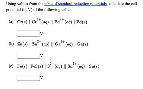 Solved Using Values From The Table Of Standard Reduction Chegg