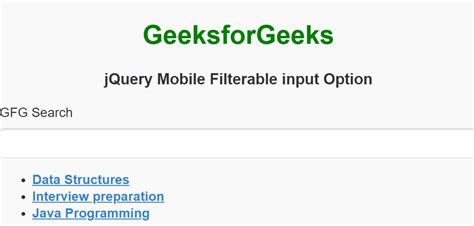 jquery mobile filterable input option geeksforgeeks