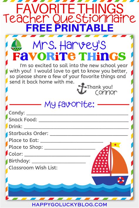 Teacher S Favorite Things Printable Questionnaire Happy Go Lucky